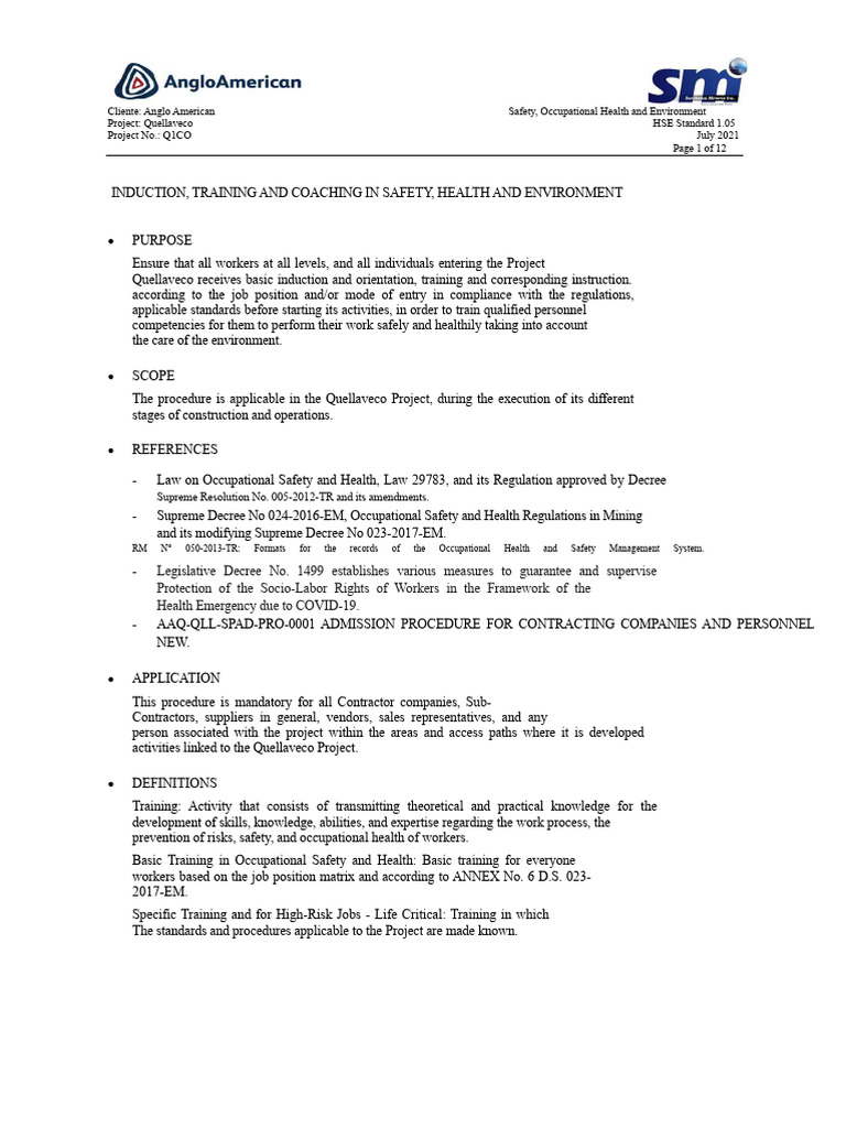 HSE Standard 1.05 INDUCTION, TRAINING AND EDUCATION IN SAFETY, HEALTH ...