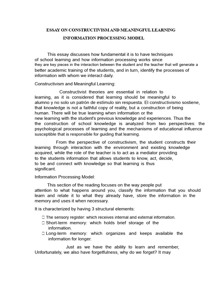 ESSAY ON CONSTRUCTIVISM AND MEANINGFUL LEARNING INFORMATION PROCESSING MODEL | PDF ...