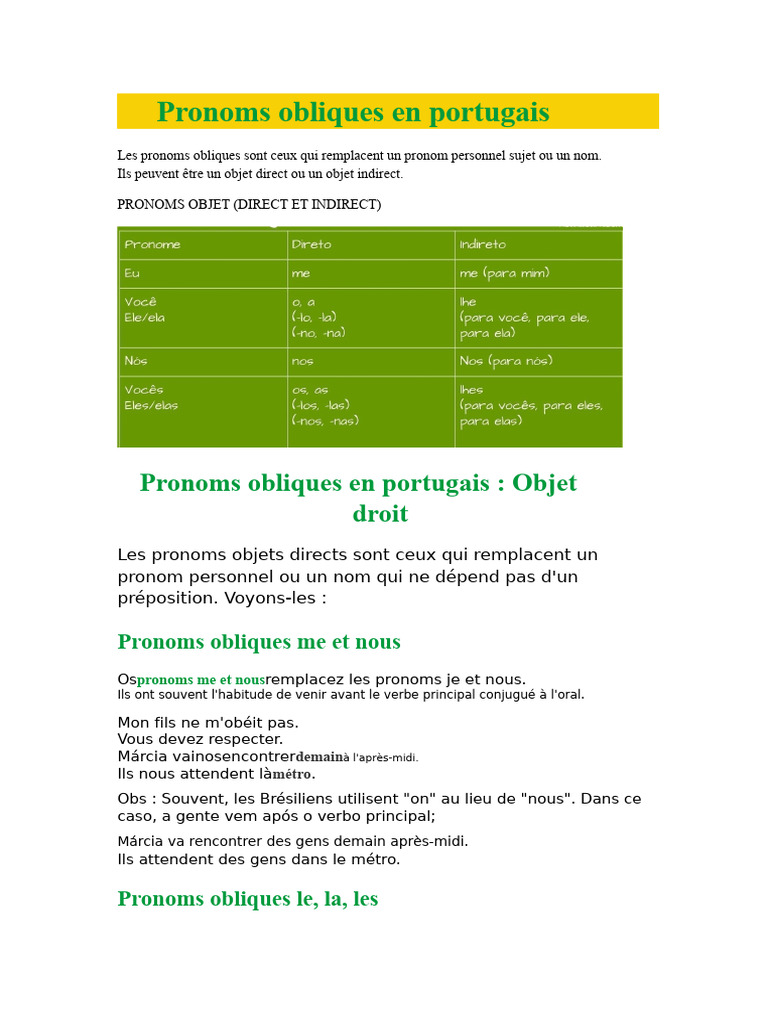 Pronoms obliques en portugais : Guide complet | PDF | Pronom | Verbe