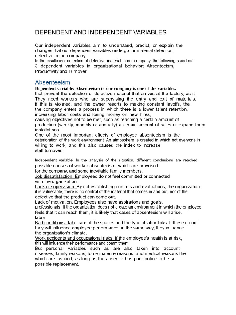 DEPENDENT AND INDEPENDENT VARIABLES | PDF | Employment | Job Satisfaction