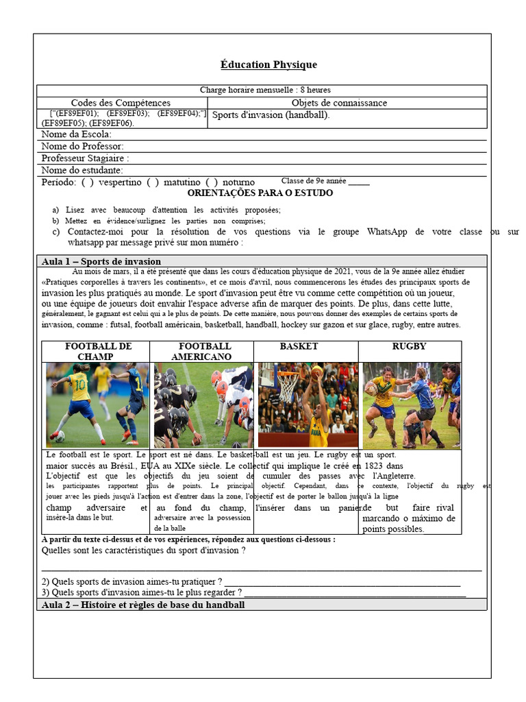 Cahier mensuel - ÉDUCATION PHYSIQUE HANDBALL - 9ème année | PDF | Des ...