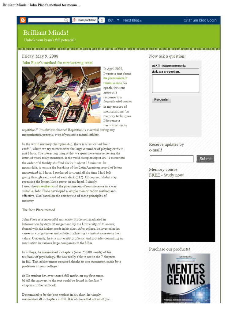 John Place's Effective Memorization Method | PDF | Memory | Mental ...