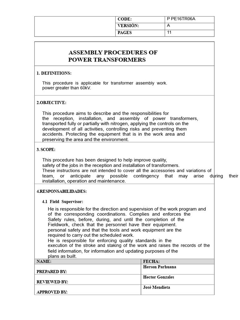 Procedure for the Assembly of Power Transformers | PDF | Transformer | Insulator (Electricity)
