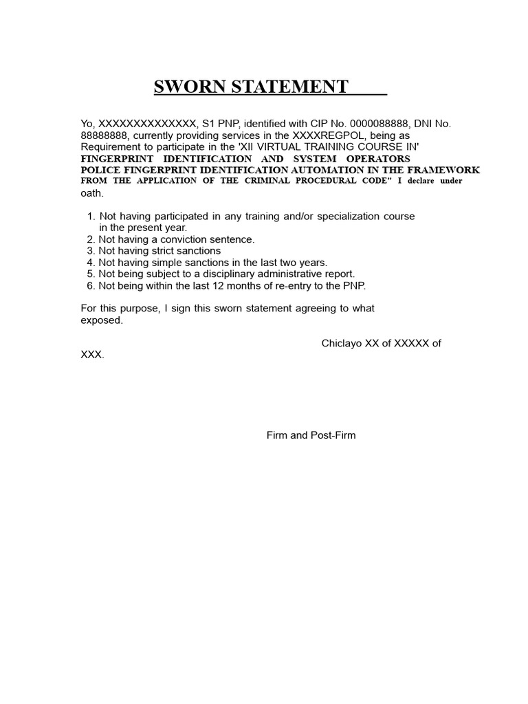 Sworn Statement for Training Course Eligibility | PDF