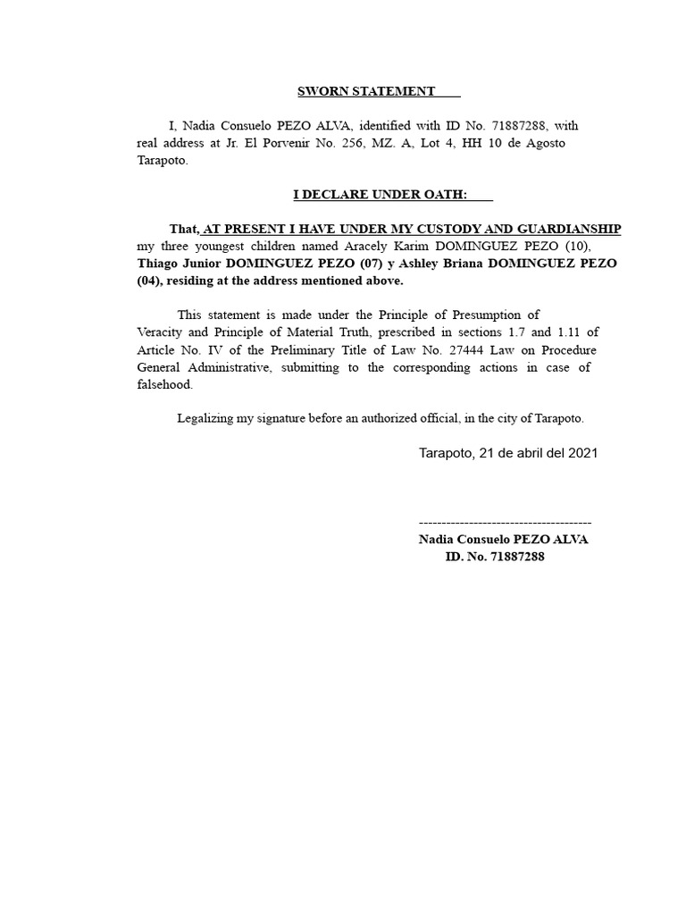 Affidavit - Custody and Guardianship of Minor | PDF