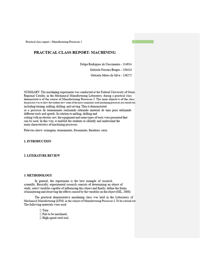 Machining Practical Class Report | PDF | Machining | Secondary Sector Of The Economy