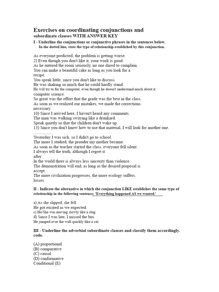 Conjunctions - Exercise answer key | PDF | Syntax | Grammar