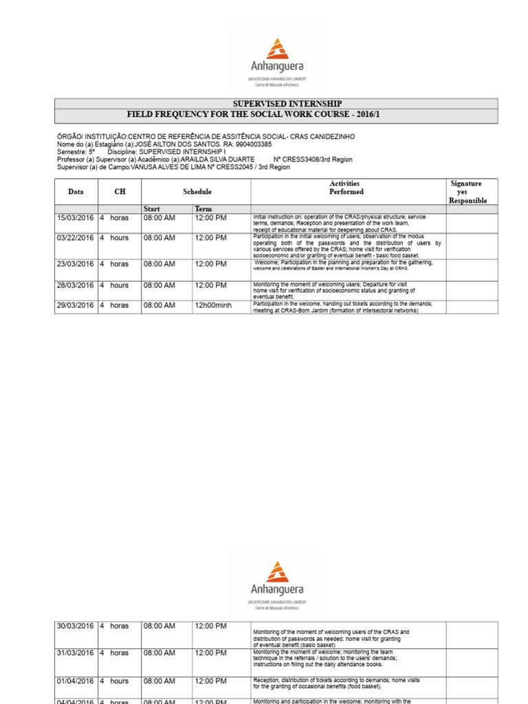 2016 1 Attendance Record Supervised Internship Sso | PDF