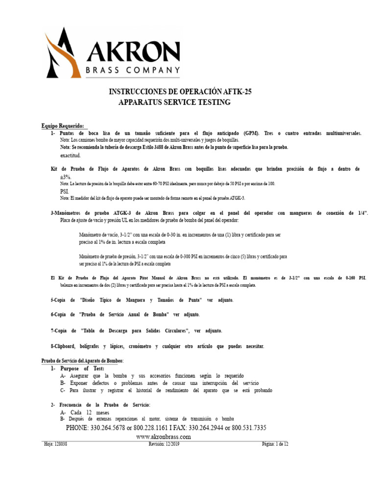Instrucciones de Prueba de Akron Brass AFTK LK | PDF | Bomba | Presión