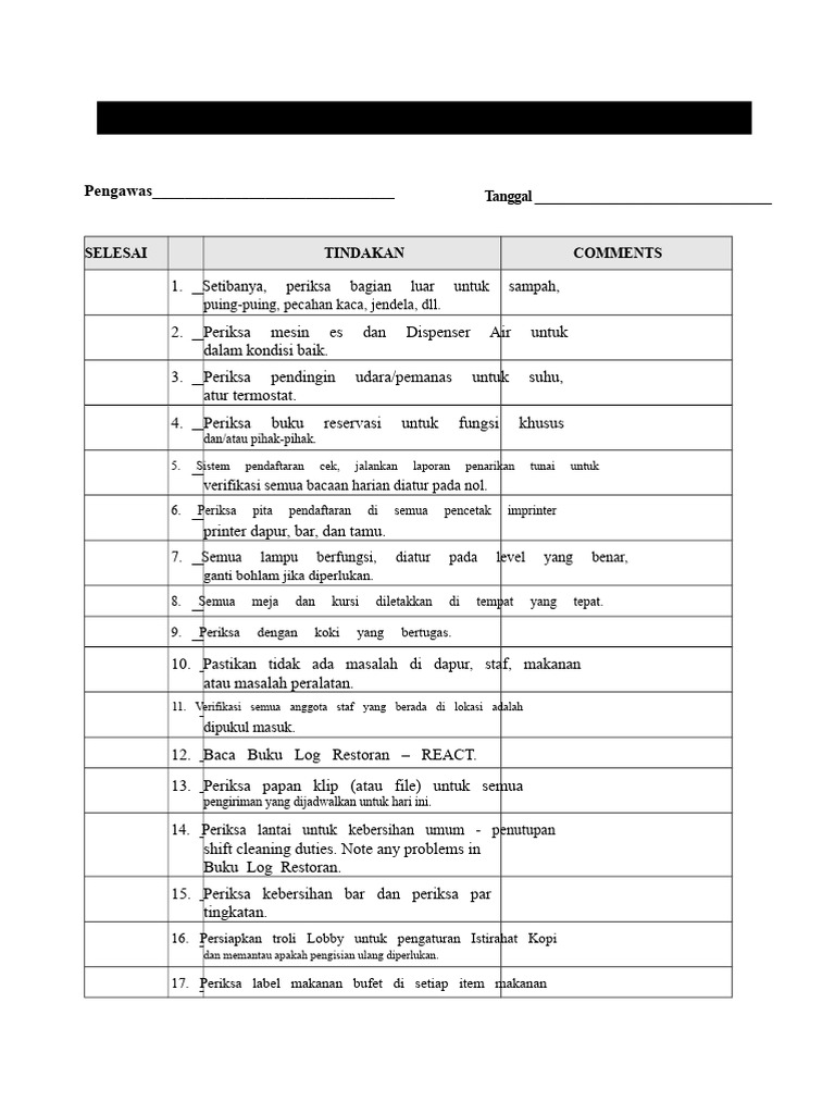 Daftar Periksa Pembukaan Restoran | PDF