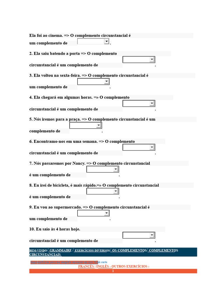 Exercícios sobre Complementos Circunstanciais | PDF