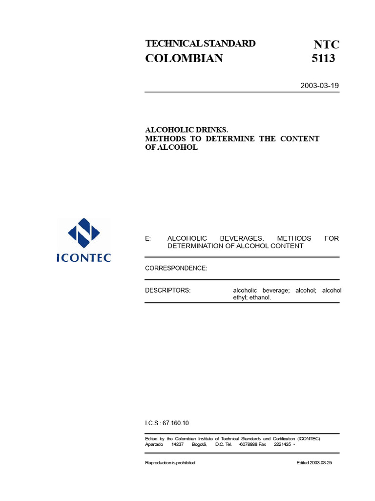 NTC 5113-2003. Alcoholic beverages. Methods for determining alcohol content.pdf | PDF ...