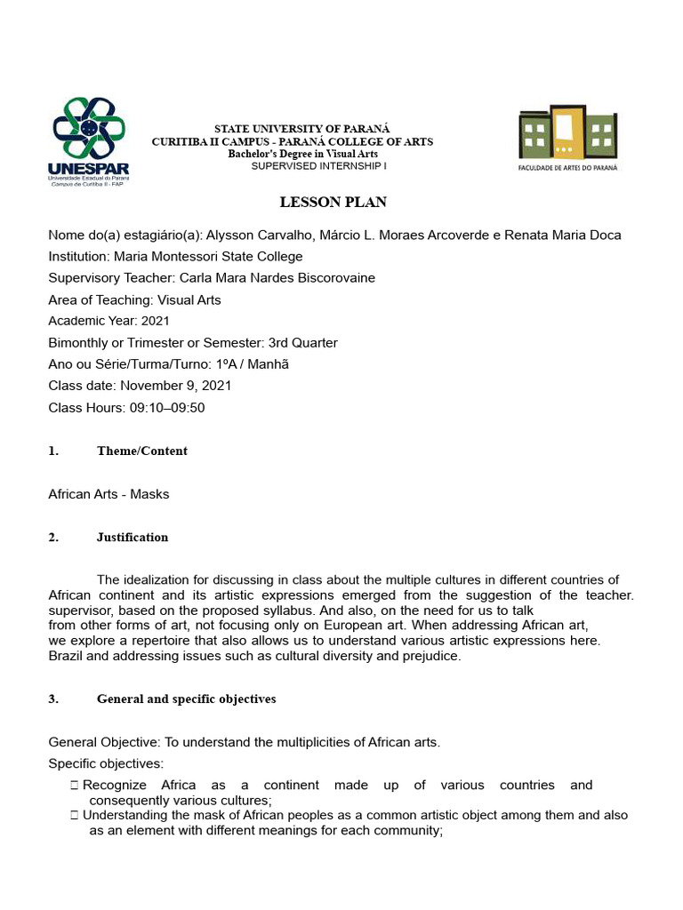 Class 1 - Alysson - Marcio - Renata - Lesson Plan - African Arts ...