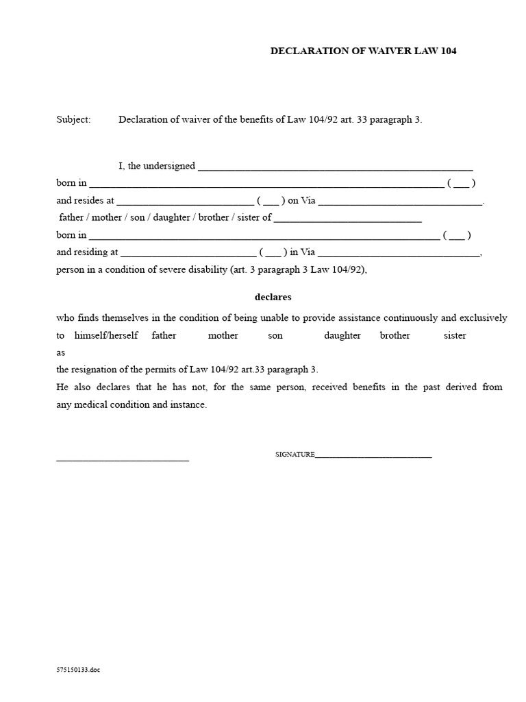 Waiver Declaration for Law 104/92 Benefits | PDF