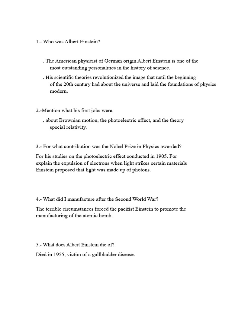 Questionnaire 5 Questions Albert Einstein | PDF