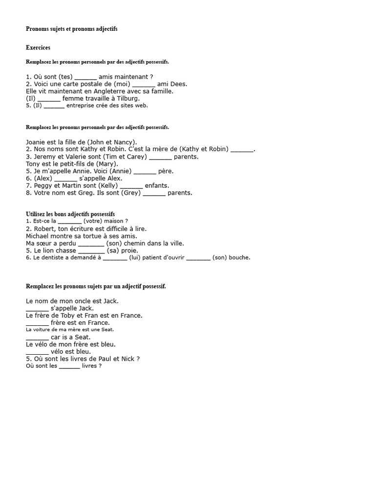 Exercices sur pronoms et adjectifs possessifs | PDF