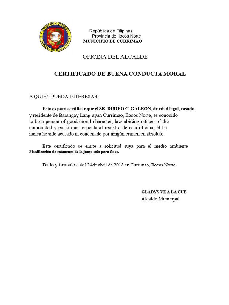 Certificado de Buena Conducta Moral | PDF