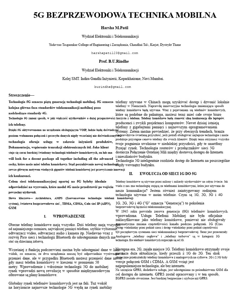 5G BEZPRZEWODOWA TECHNOLOGIA MOBILNA Ieee Paper | PDF