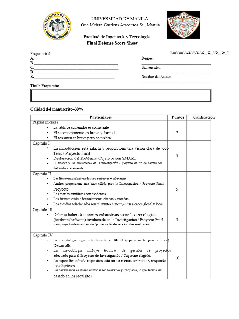 Hoja de Puntuación de Defensa Final UDM | PDF | Software