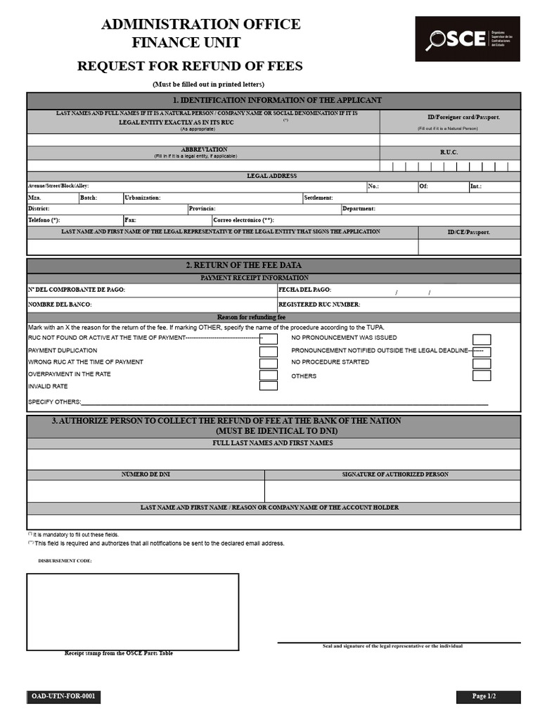 OAD-UFIN-FOR-0001 - Fee Refund - Resolution 069-2016-OSCE - 1 PDF | PDF ...