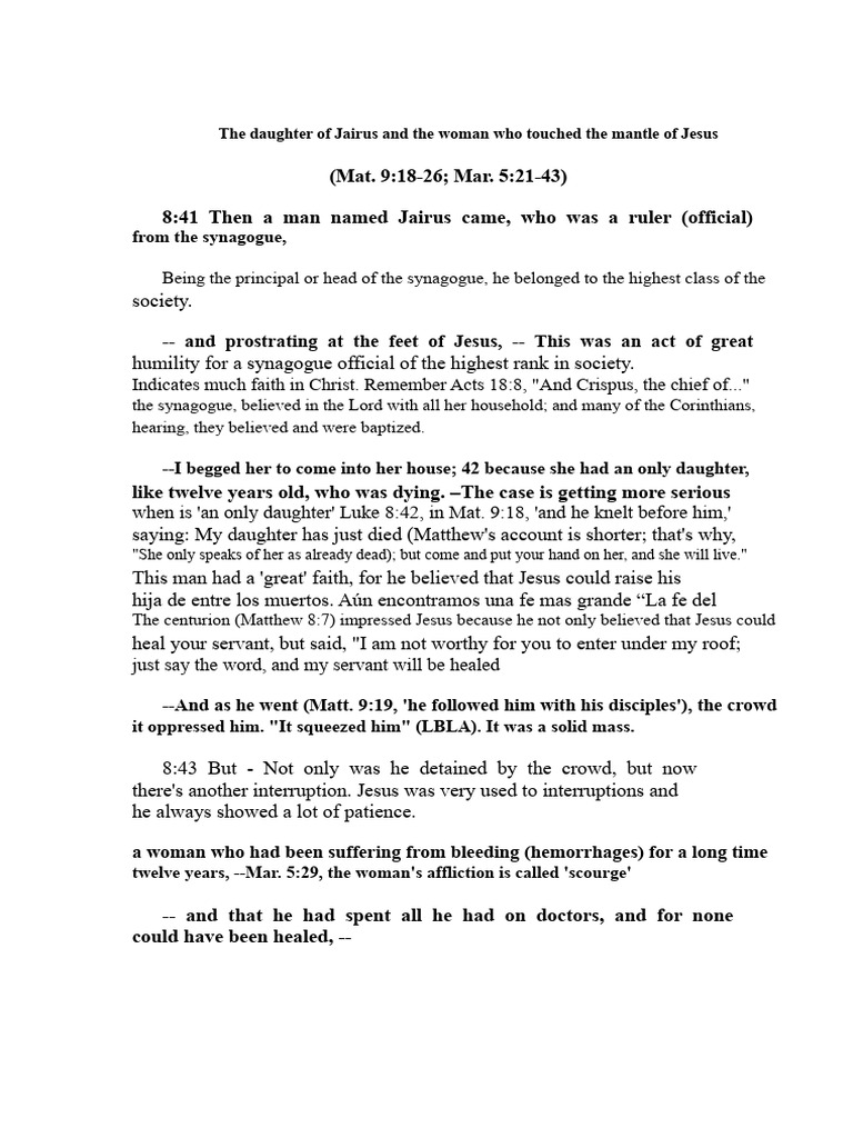 Comments About The Daughter of Jairus and The Woman With The Flow of ...