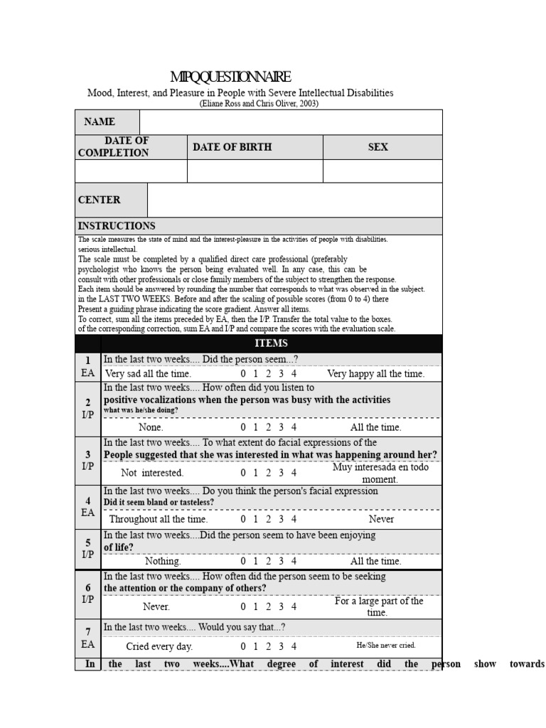 MIPQ QUESTIONNAIRE | PDF | Cognition | Behavioural Sciences