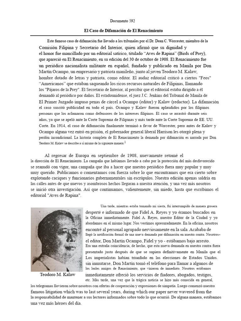 Difamación en El Renacimiento: Caso Worcester | PDF | Filipinas | Los ...