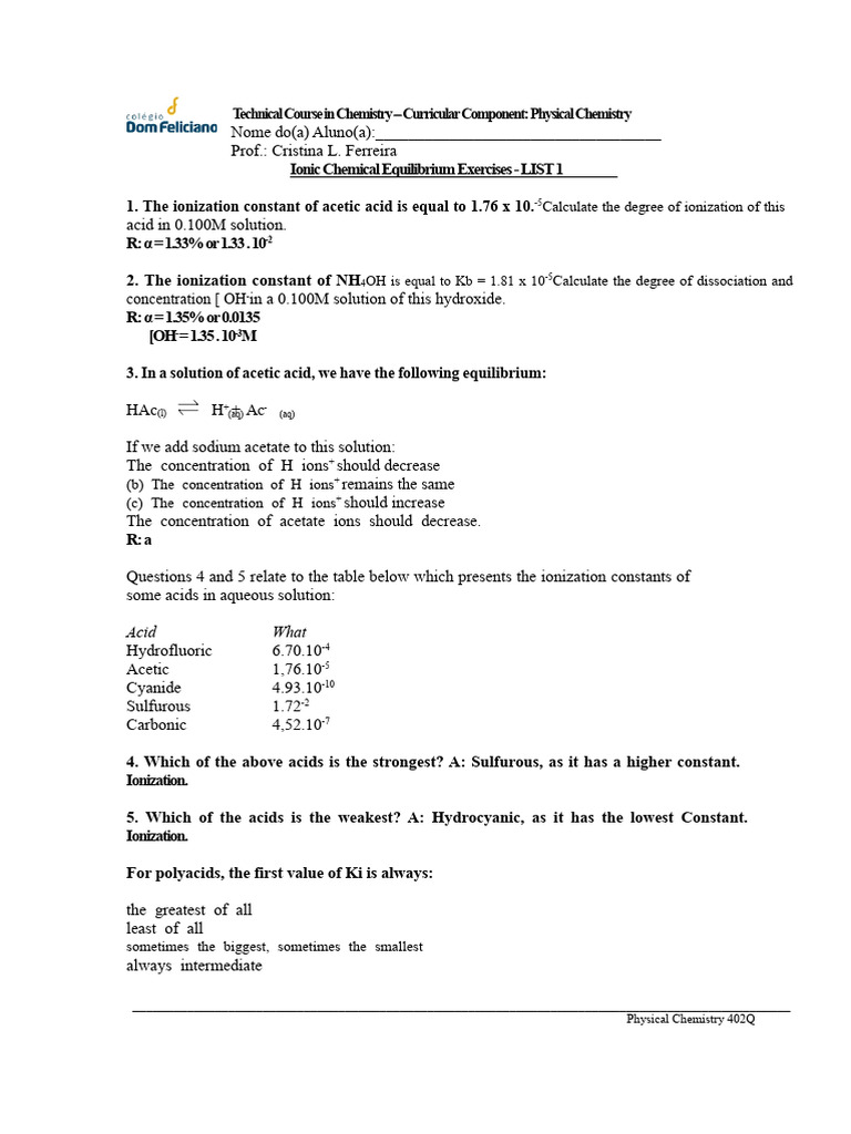 Ionic Equilibrium Exercises List 1 | PDF | Acid | Acid Dissociation Constant