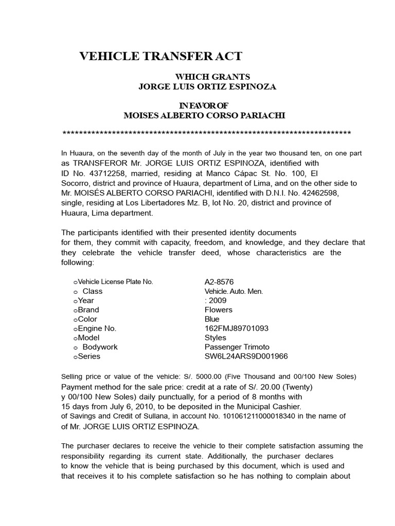 Vehicle Transfer Agreement: Ortiz to Corso | PDF | Taxes | Private Law