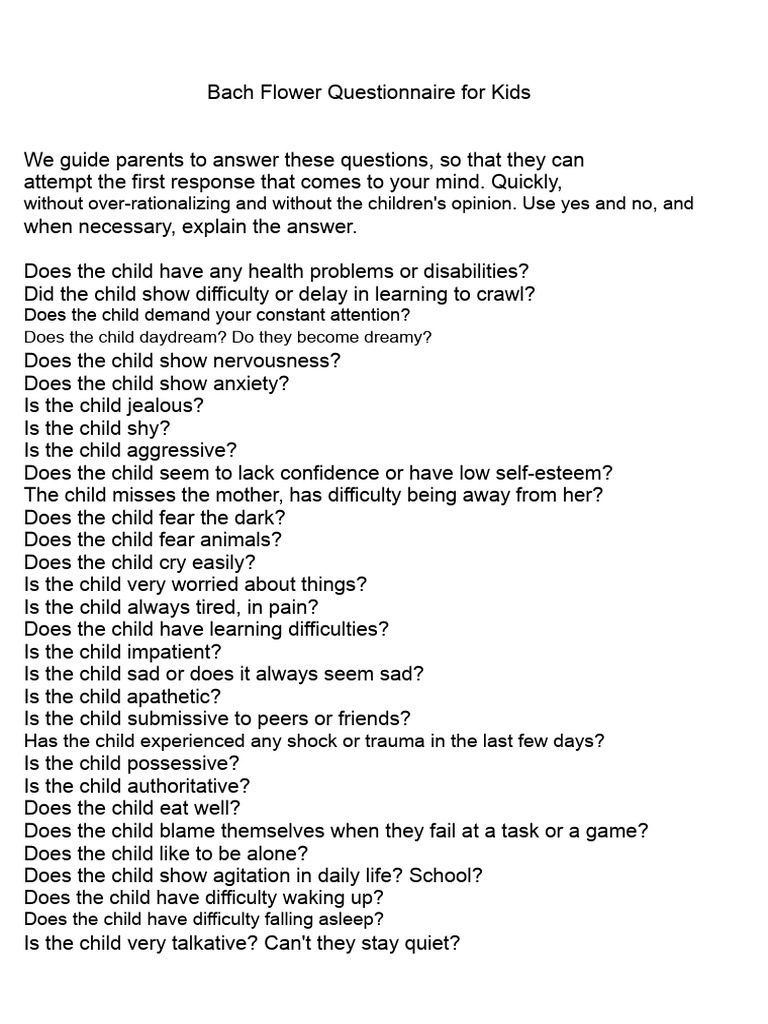 Bach Flower Questionnaire For Kids | PDF