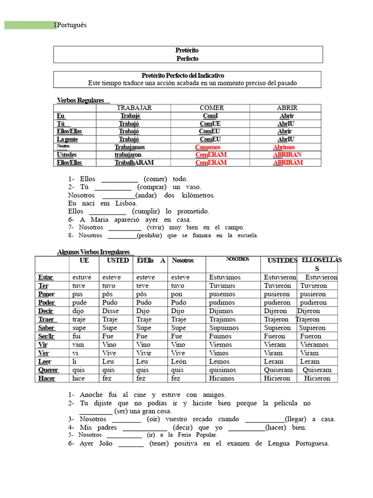 Conjugación del Pretérito Perfecto Portugués | PDF | Verbo | Morfología