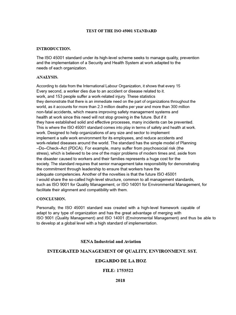 Essay On The ISO 45001 Standard. | PDF | Occupational Safety And Health ...