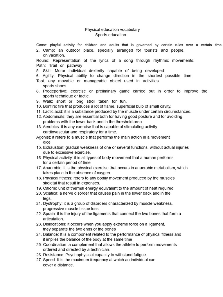Physical Education Vocabulary | PDF | Physical Fitness | Weakness