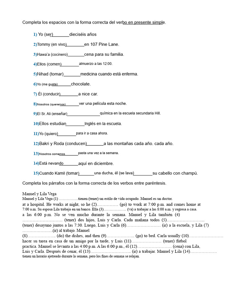 Ejercicios de Presente Simple en Español | PDF