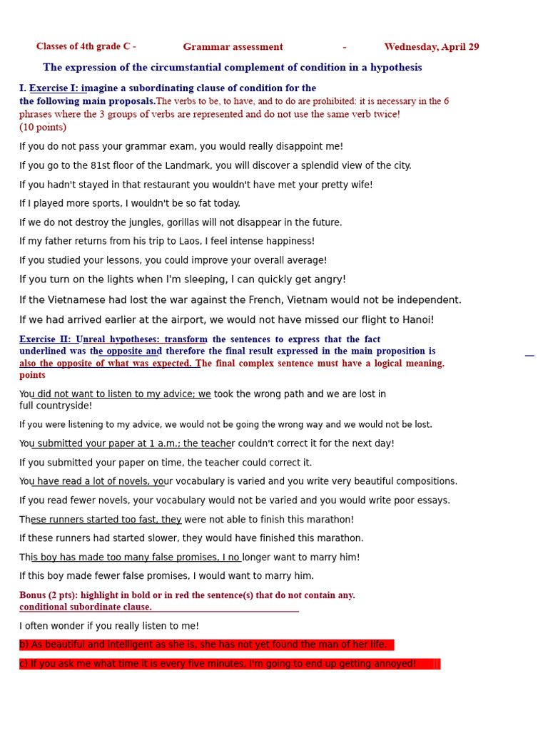 4th C - Present and Past Conditional - EVALUATION. | PDF | Clause | Sentence (Linguistics)