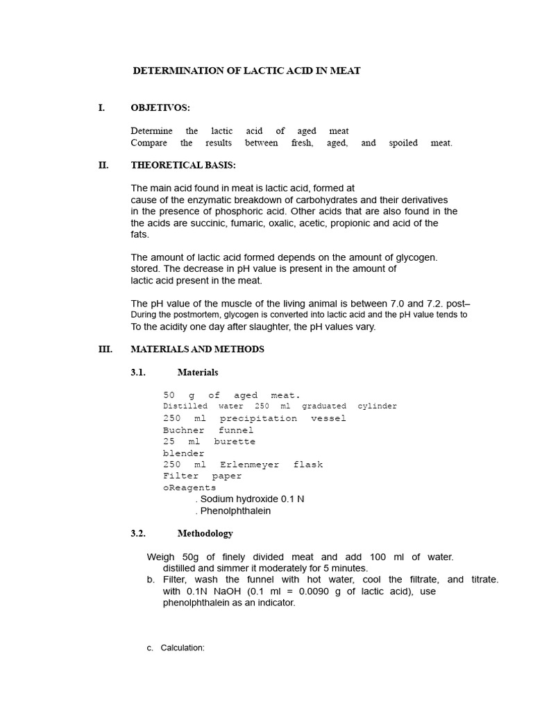 Determination of Lactic Acid in Meat | PDF | Titration | Chemistry