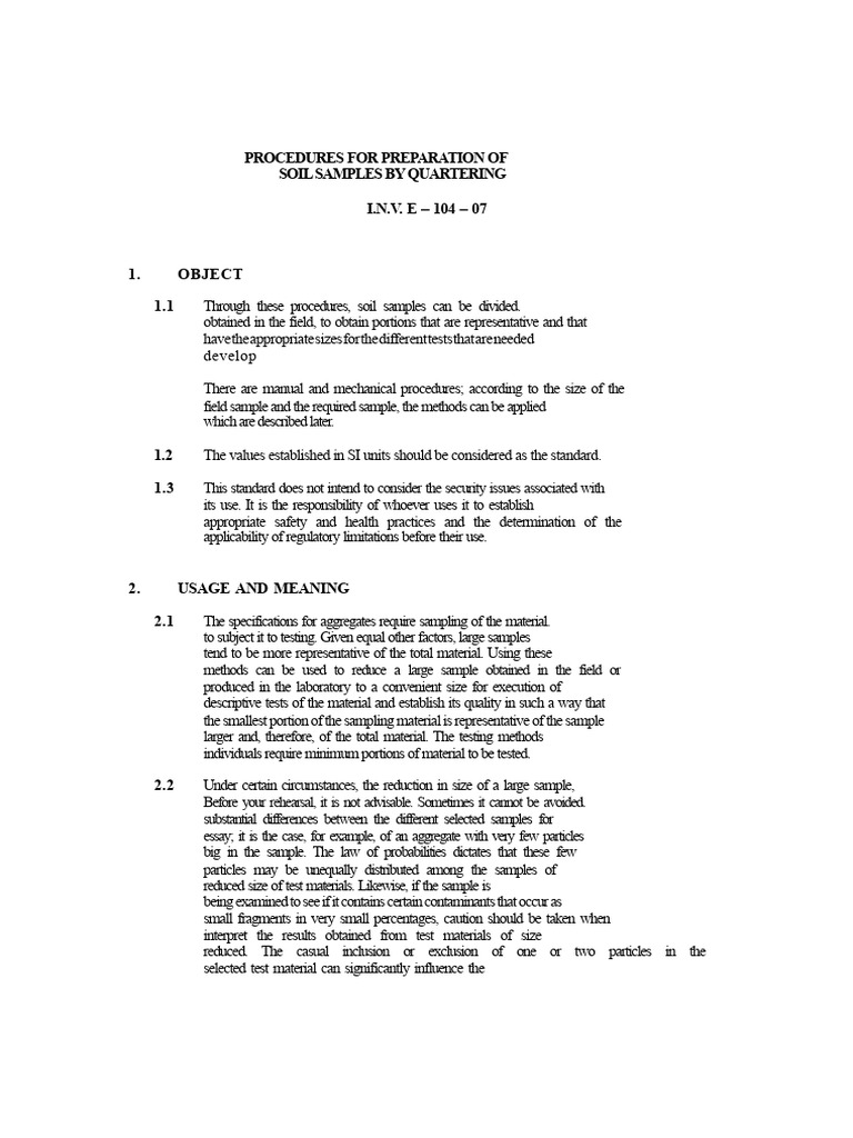 Standard INV E-104-07 PROCEDURES FOR THE PREPARATION OF SOIL SAMPLES BY QUARTERING | PDF ...