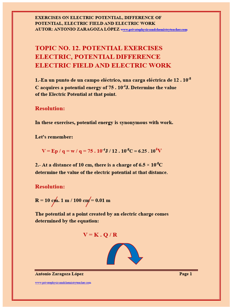 Topic 12 Exercises On Electric Potential, Potential Difference ...