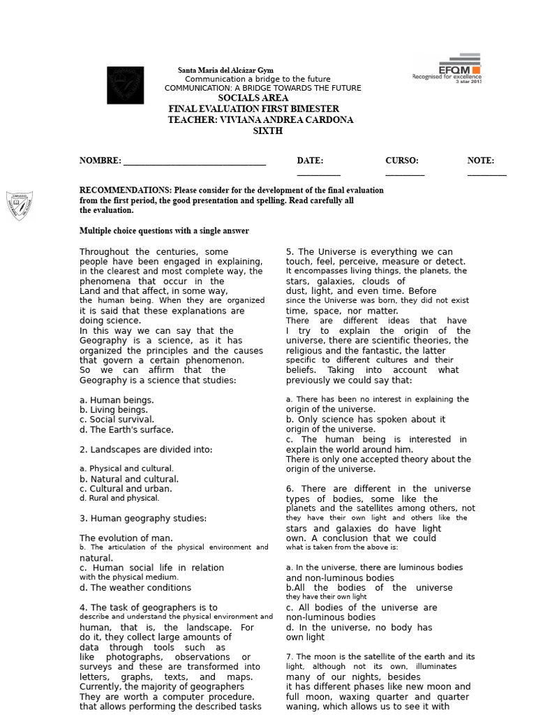 Final Exam Sixth Grade First Period | PDF | Homo | Earth Sciences