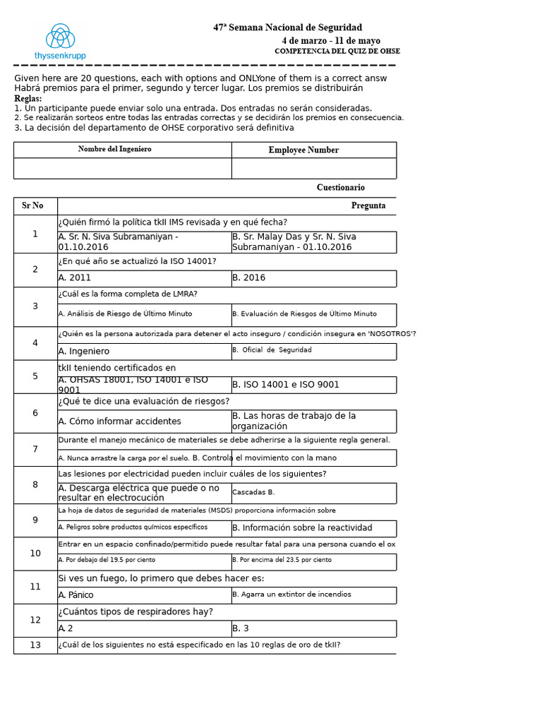 Quiz de Seguridad OHSE 2023: Participa y Gana | PDF