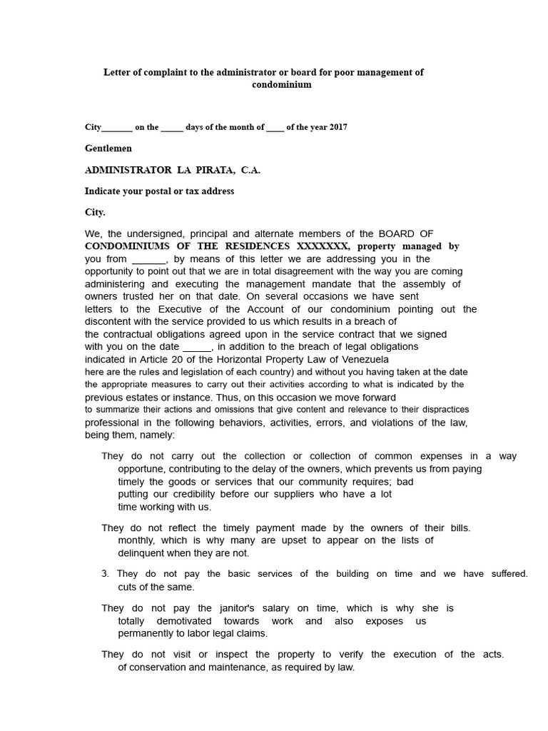 Complaint Letter for Condo Management Issues | PDF