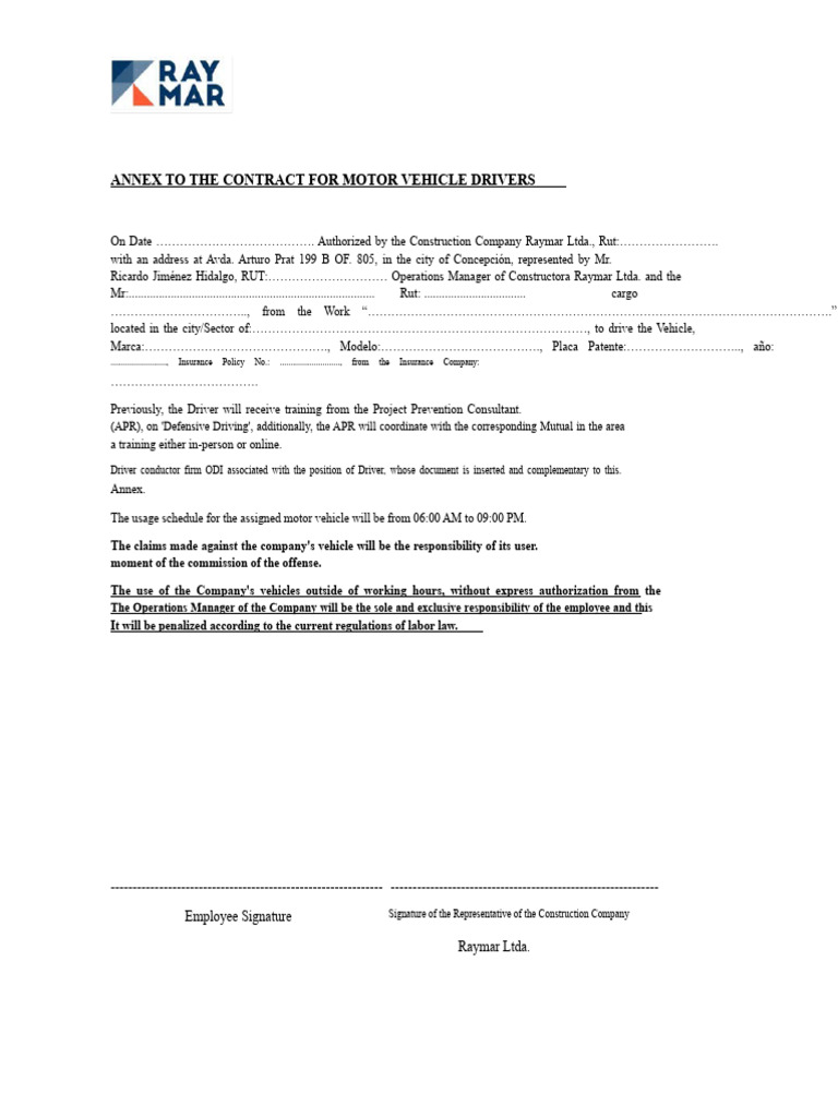 Motor Vehicle Driver Contract Annex | PDF