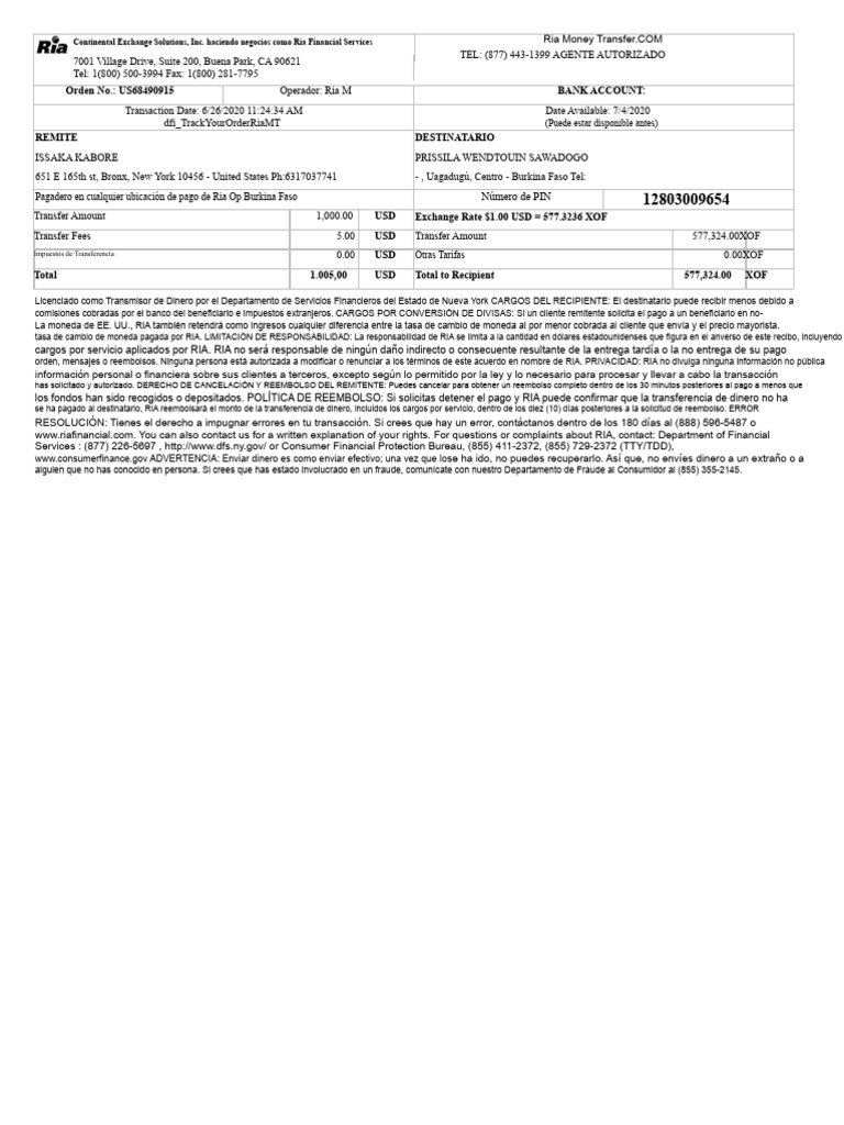 Ria-orden-recibo-US68490915 | PDF | Transferencia bancaria | Dólar de ...