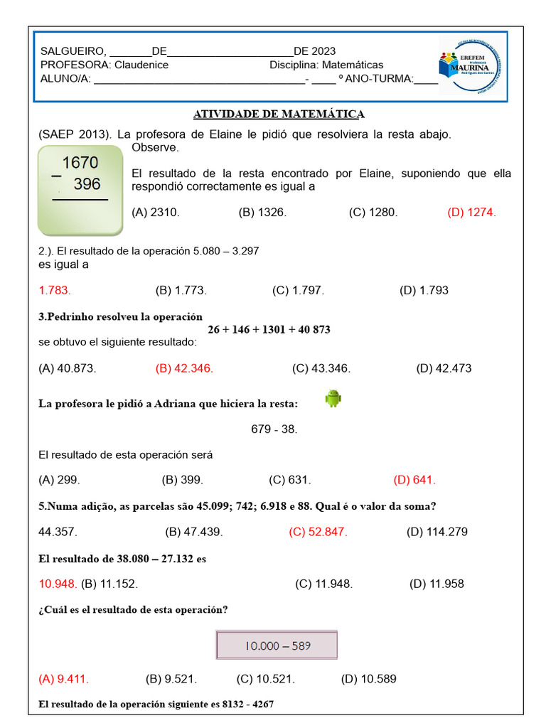 Actividad de Matemáticas-Suma y Resta | PDF | Sustracción | Aritmética