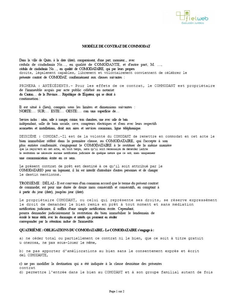 Modèle de contrat de commodat équatorien | PDF