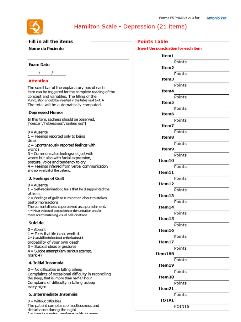 Hamilton Depression Scale Form v10 | PDF | Anxiety | Insomnia