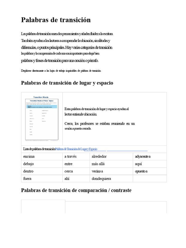 Palabras de Transición - Recursos y Hojas de Trabajo - K12Reader | PDF