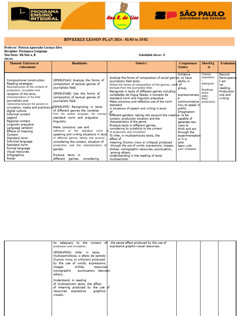 BIWEEKLY LESSON PLAN 2024 - LP 6TH GRADE A and B 0103 to 1503 | PDF ...