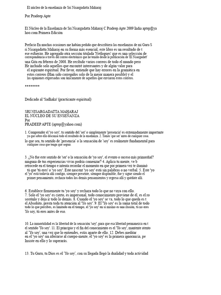 El núcleo de la enseñanza de Sri Nisargadatta Maharaj | PDF ...