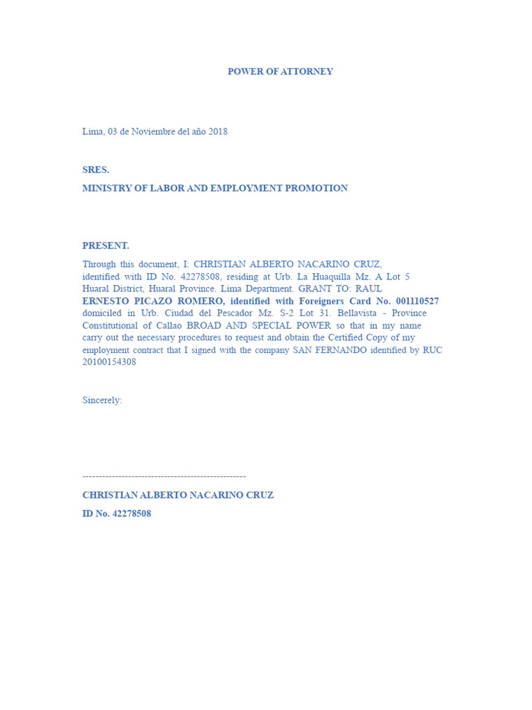 Power of Attorney Model Letter To The Ministry of Labor To Request A ...
